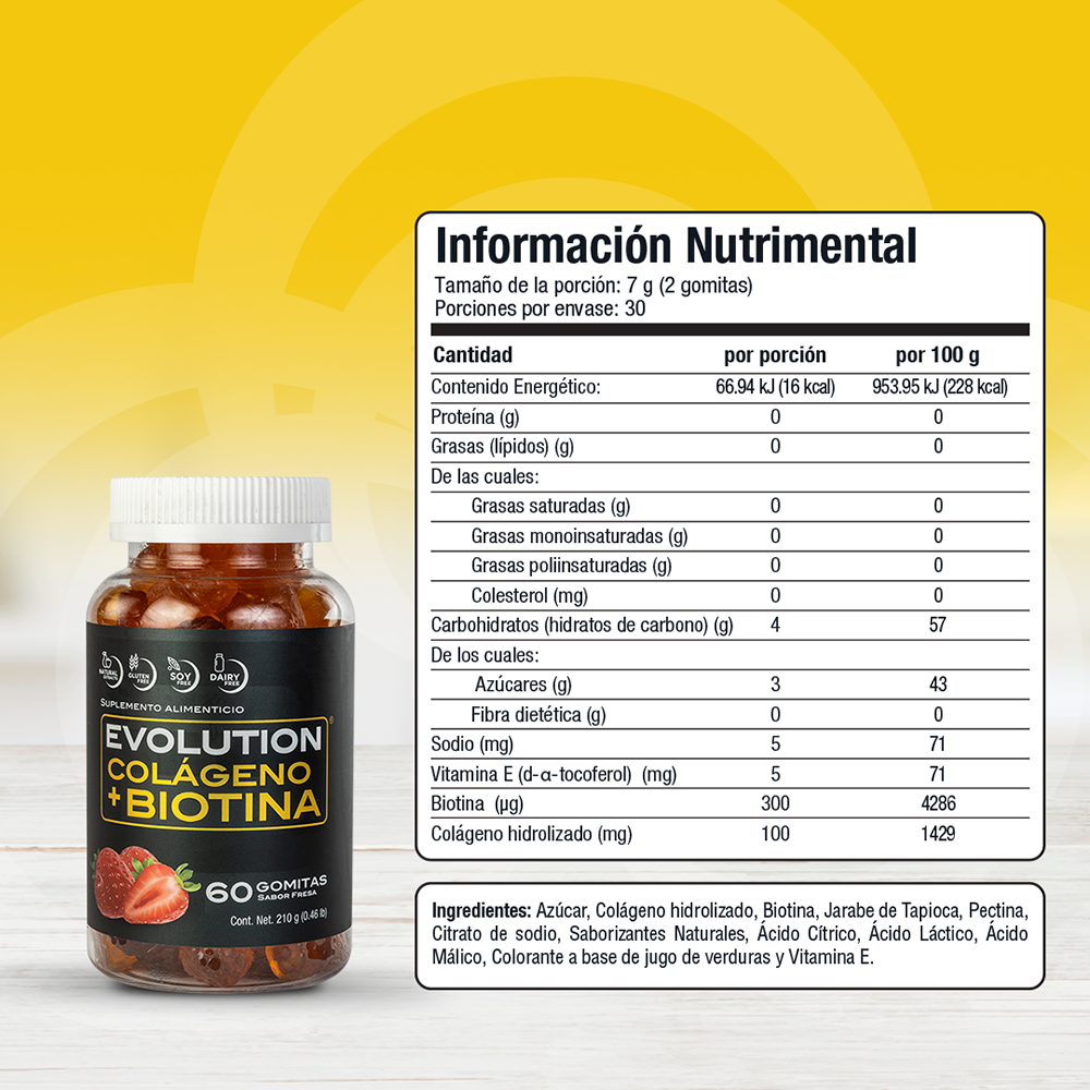 Colágeno + Biotina sabor fresa 60 gomitas – Evolution Nutraceutical Company